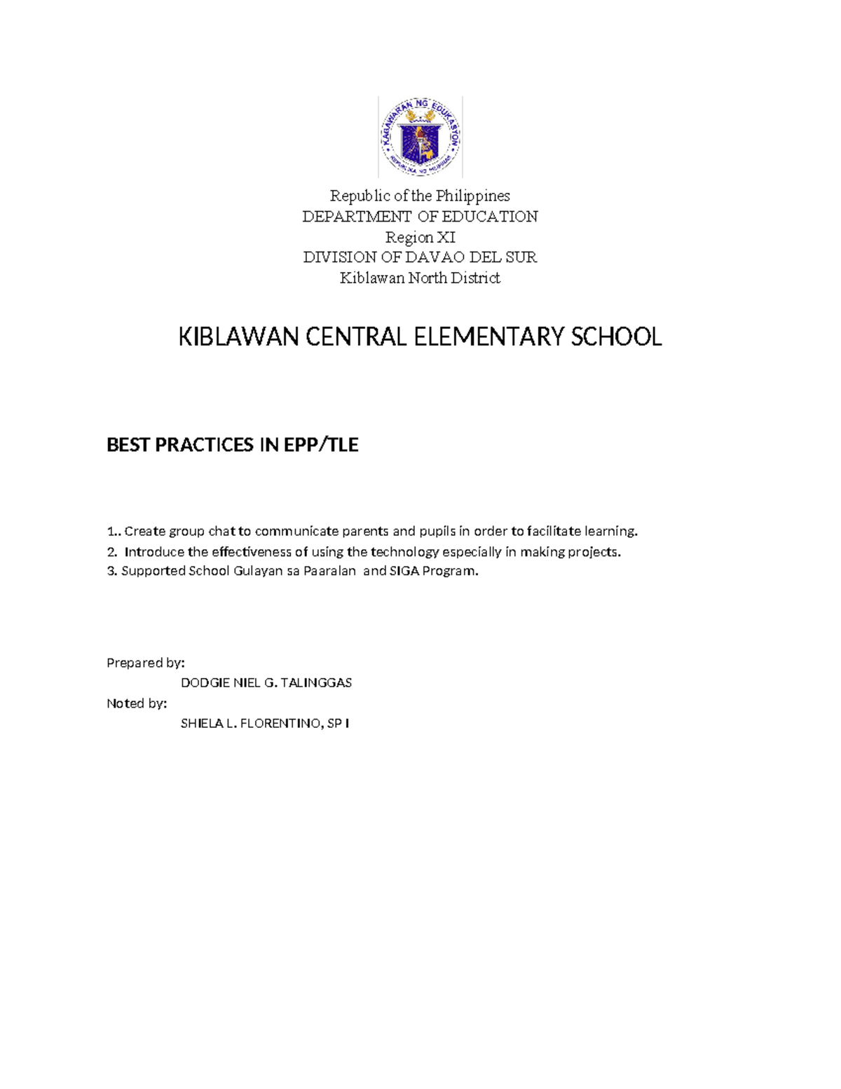 EPP - Republic of the Philippines DEPARTMENT OF EDUCATION Region XI ...