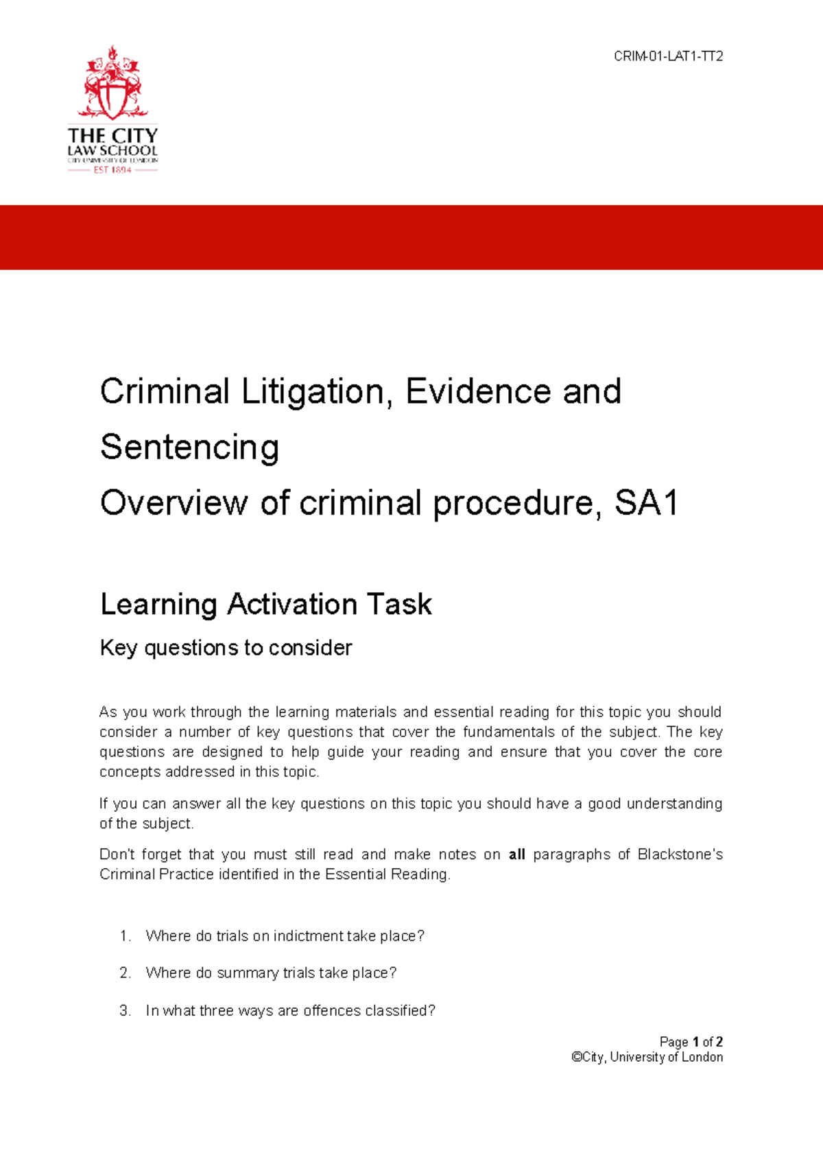 Overview of criminal procedure (note) - CRIM-01-LAT1-TT Criminal ...