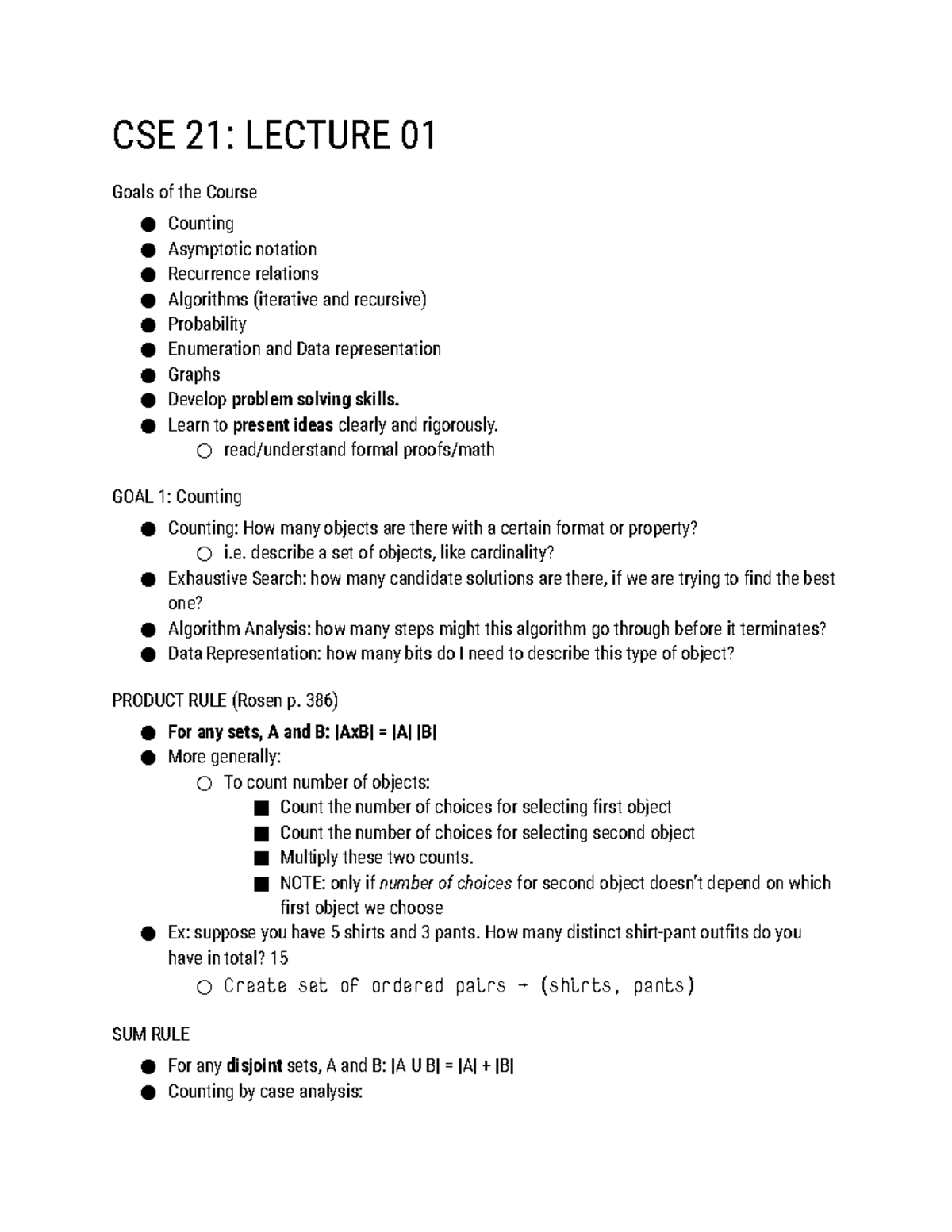 Cse 21 Lecture 01 Cse 21 Lecture 01 Goals Of The Course Counting