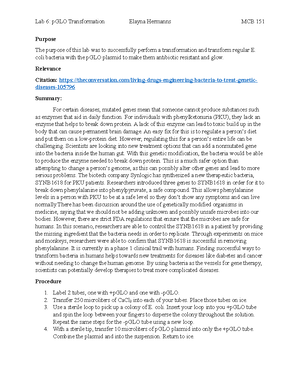 LNA UV - UV Mutagenesis Lab Report - LNA: UV Damage and Mutagenesis (3 ...