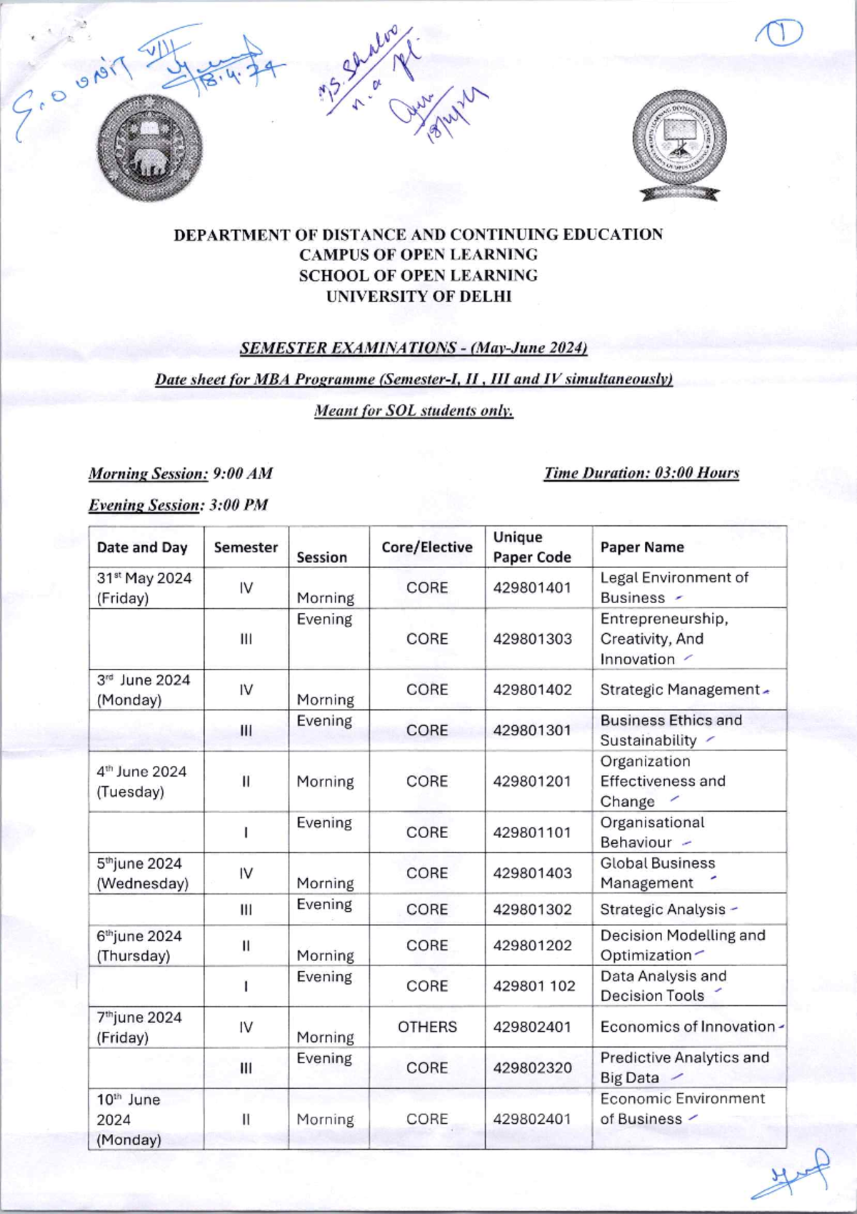 Mba datesheet sol sem i-ii-iii-iv - DEPARTMENT OF DISTANCE AND ...
