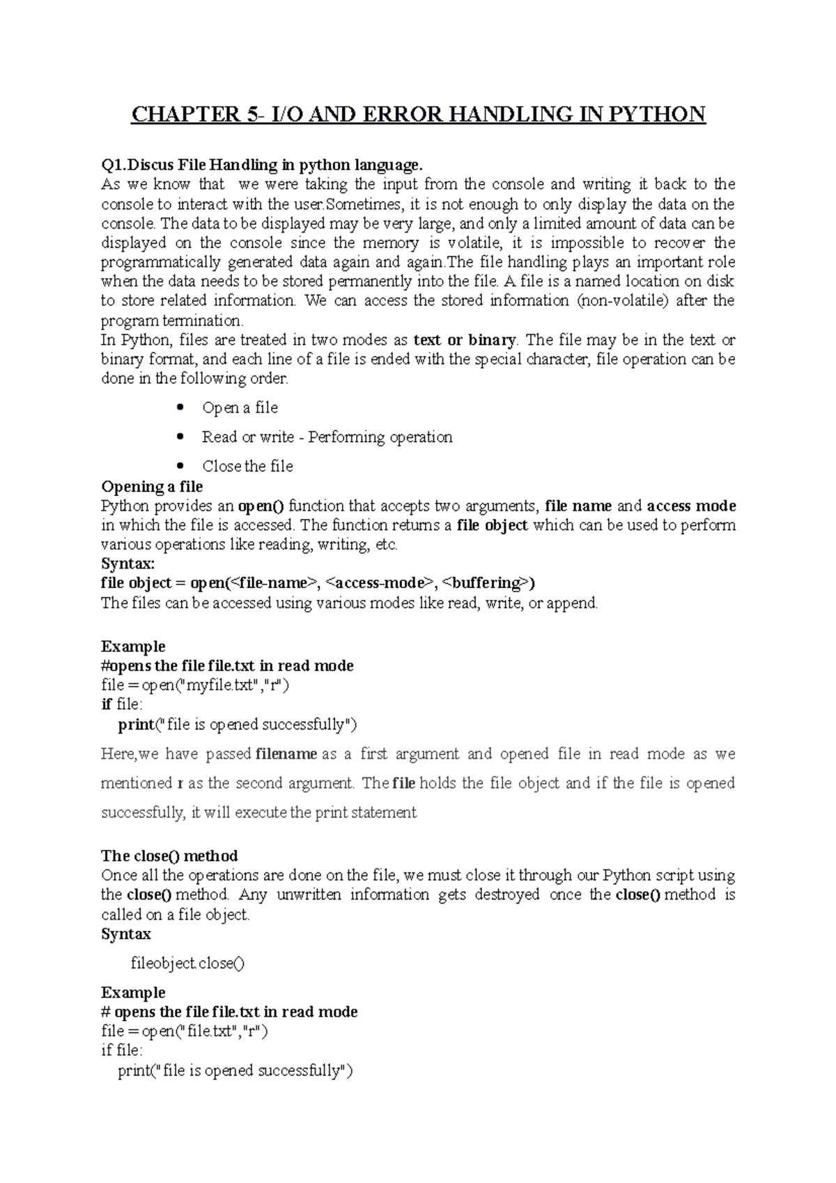 Importantquestion(Chapter 5) - CHAPTER 5- I/O AND ERROR HANDLING IN PYTHON Q1 File Handling in ...