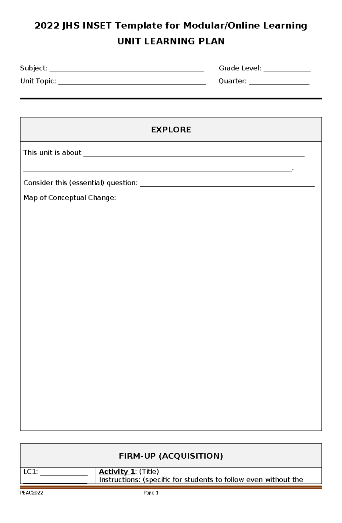 UNIT Learning PLAN with Assessments - 2022 JHS INSET Template for ...