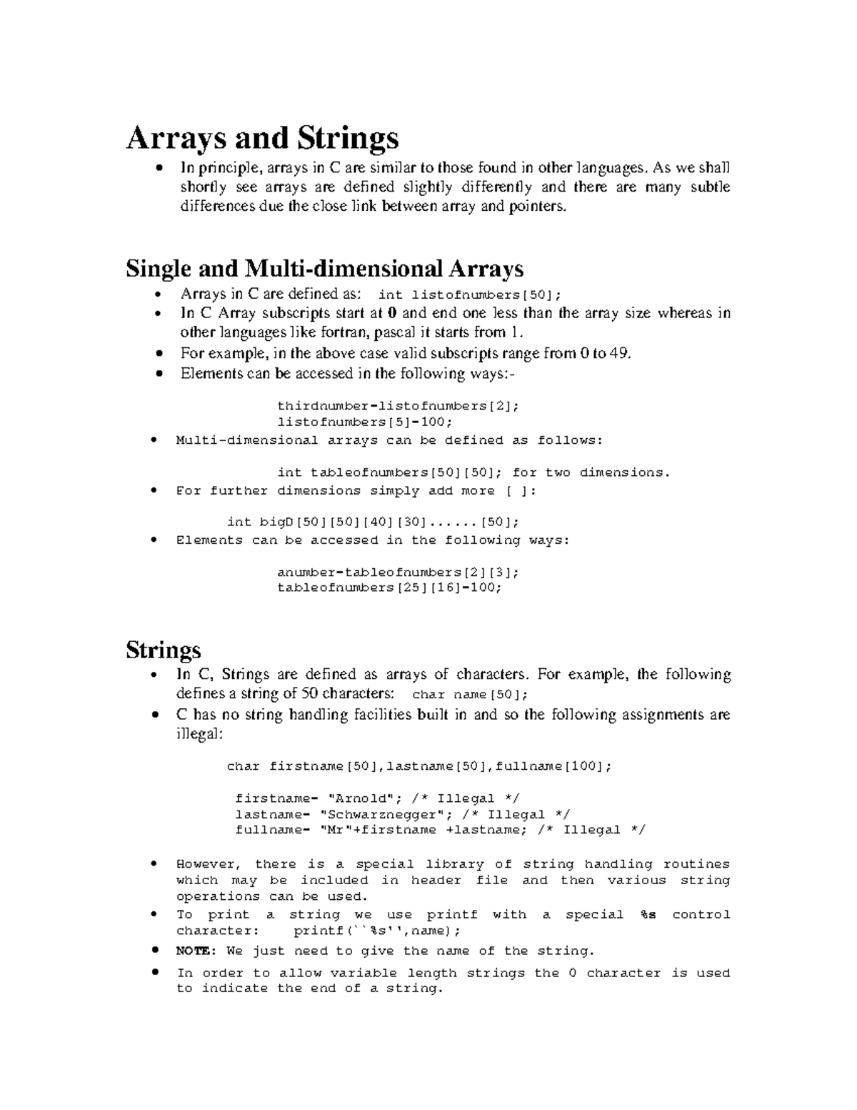 C Notes 1 Arrays And Strings Functions Further Data Types Coercion