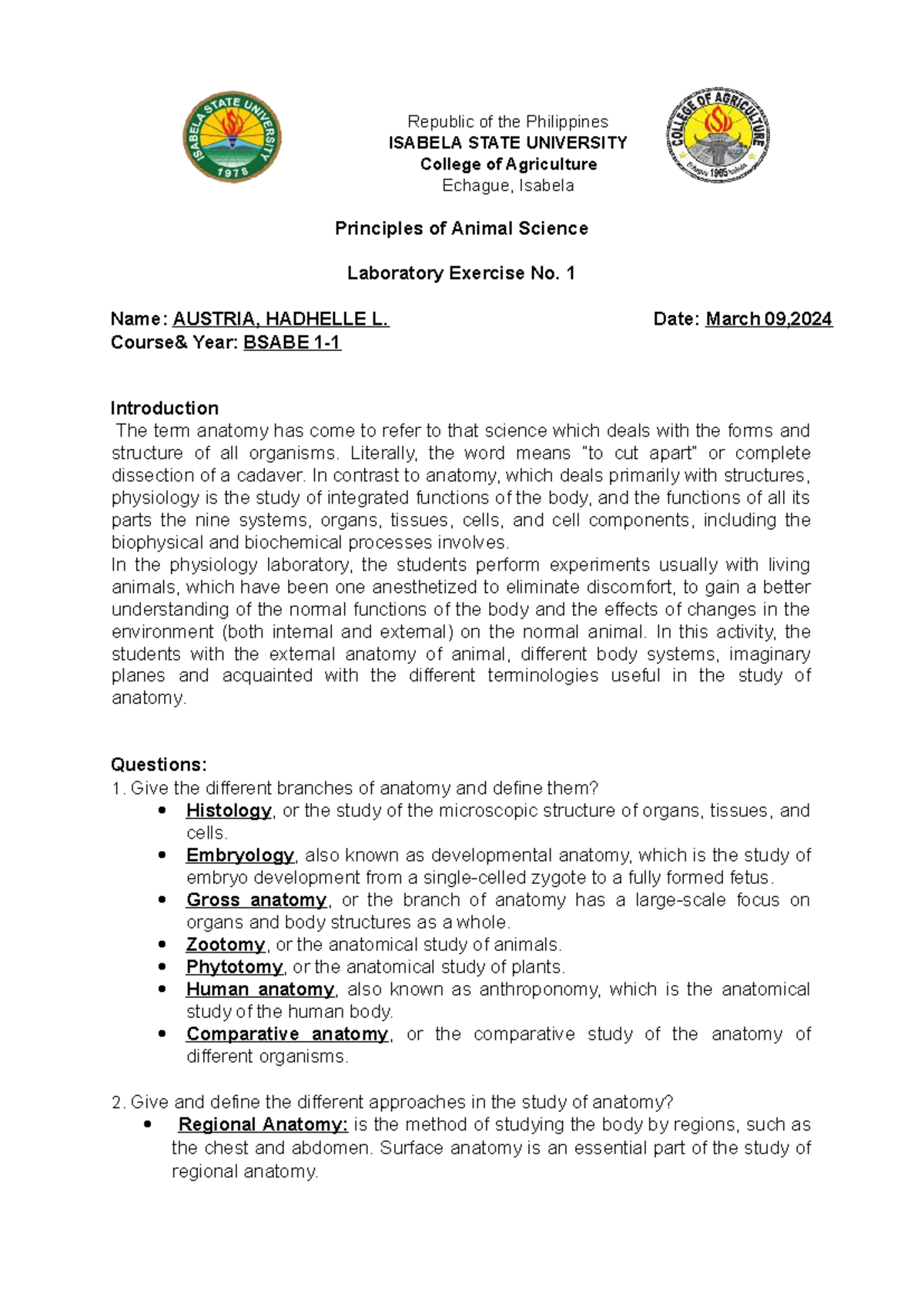 LAB-1 Animal Science - Bbhhu - Republic of the Philippines ISABELA STATE UNIVERSITY College of ...