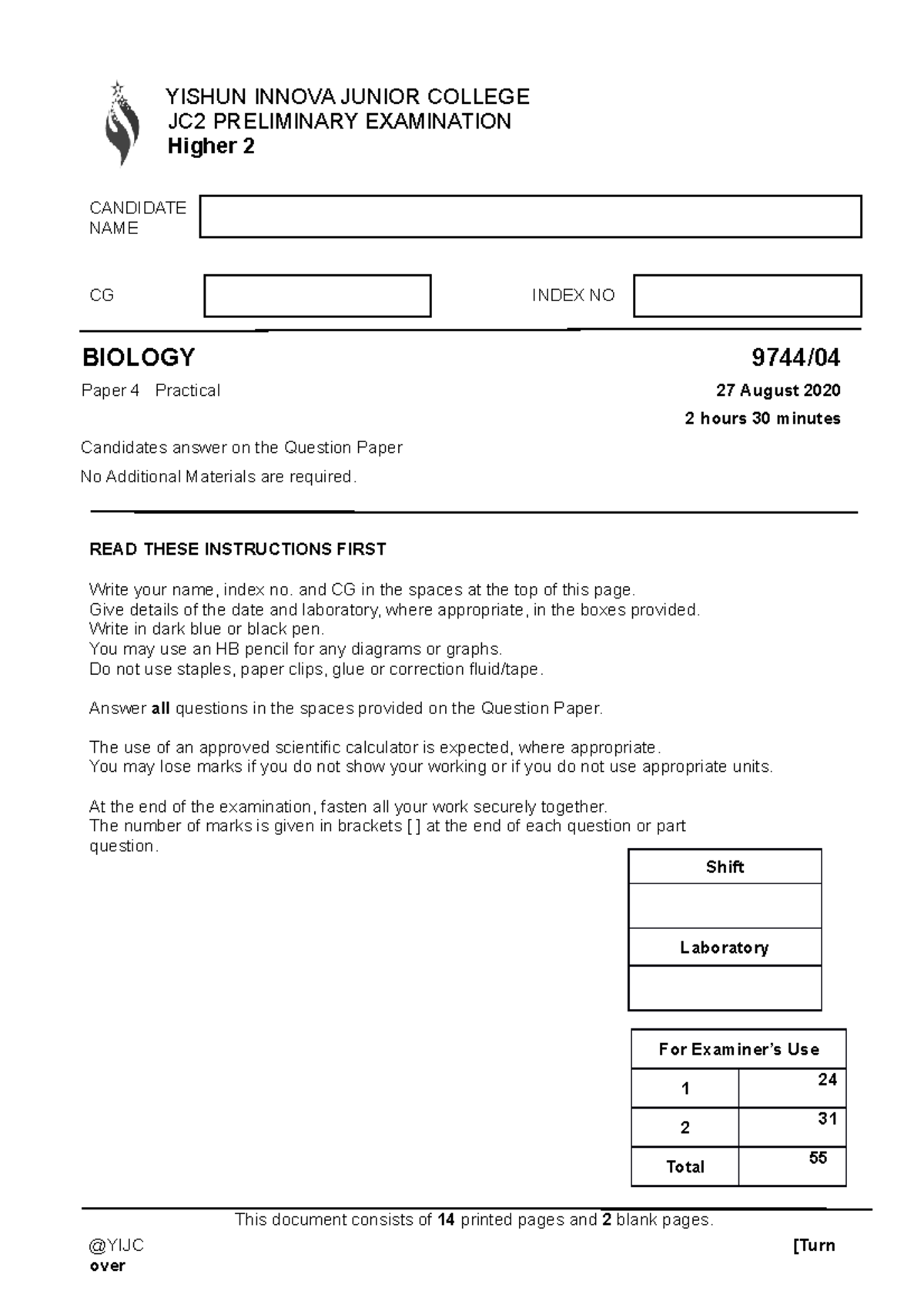 YIJC 2020 [H2] Prelim Exam Paper 4 (QP) - YISHUN INNOVA JUNIOR COLLEGE ...