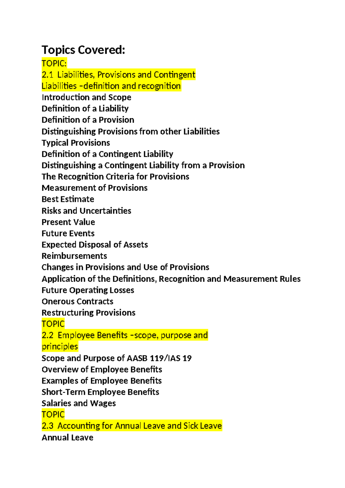 Topics Covered Week 2 - Summary Financial Accounting and reporting ...