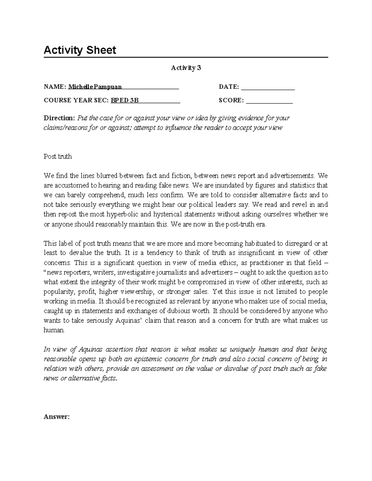 Activity-3 - Notes - Activity Sheet Activity 3 NAME: Michelle Pampuan ...