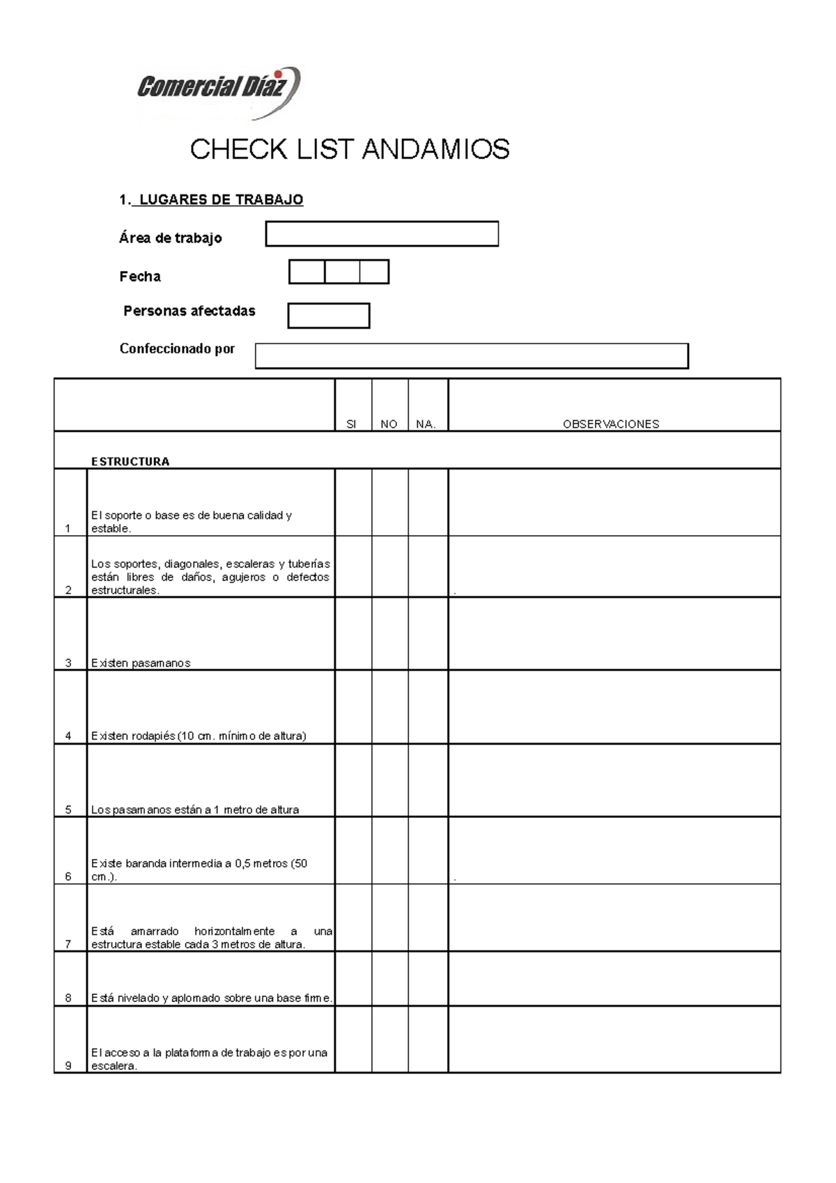 Check LIST Andamios Comercial DIAZ - CHECK LIST ANDAMIOS 1. LUGARES DE ...