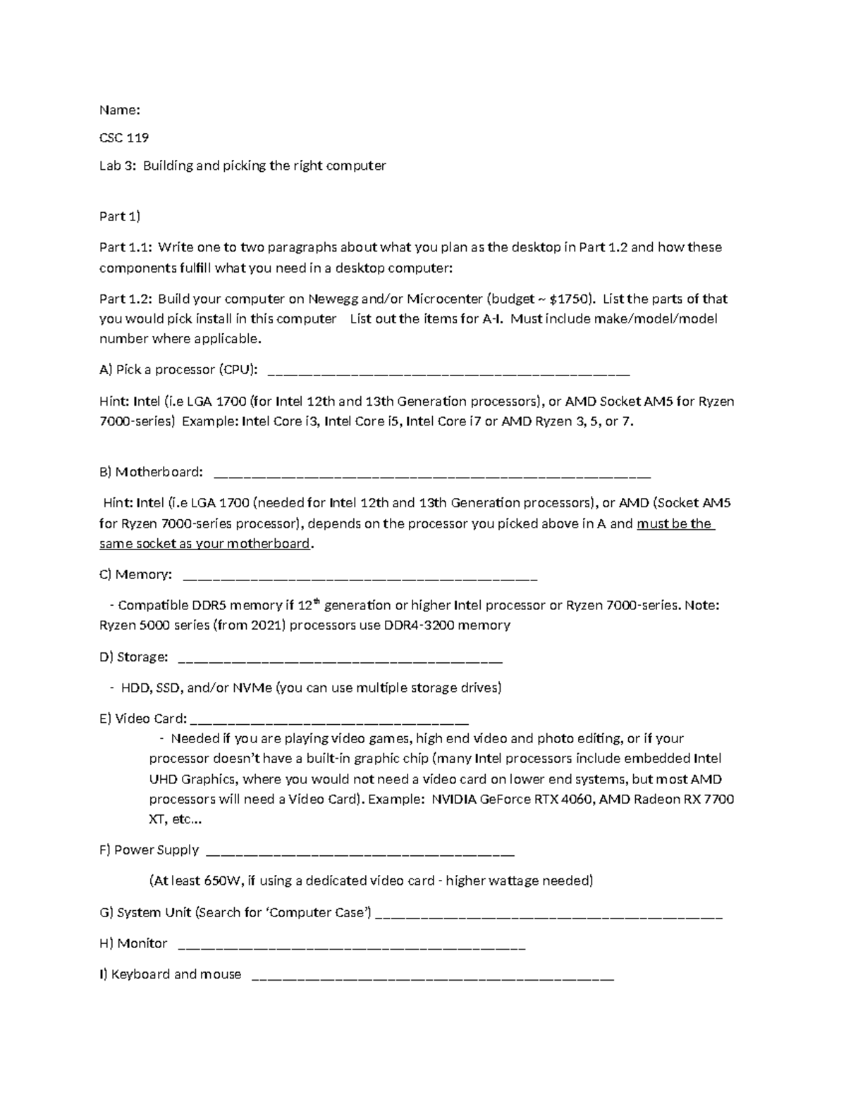 Lab3 - Inij - Name: CSC 119 Lab 3: Building and picking the right computer Part 1) Part 1: Write ...