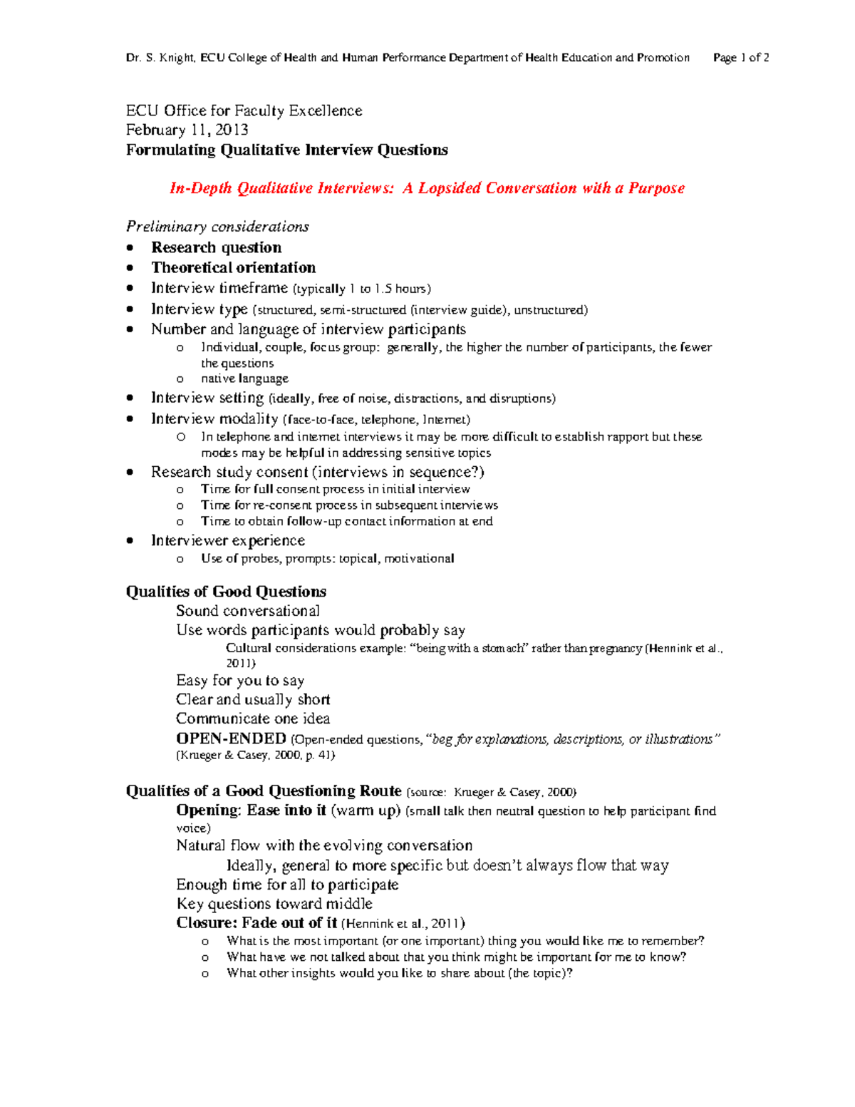 Formulating qualitive interviews quistions - Dr. S. Knight, ECU College ...