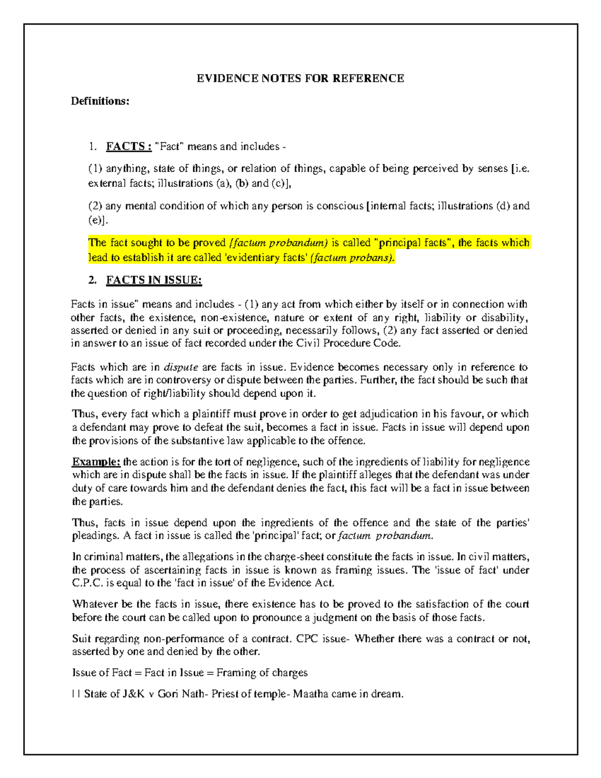 Evidence Notes - EVIDENCE NOTES FOR REFERENCE Definitions: FACTS ...