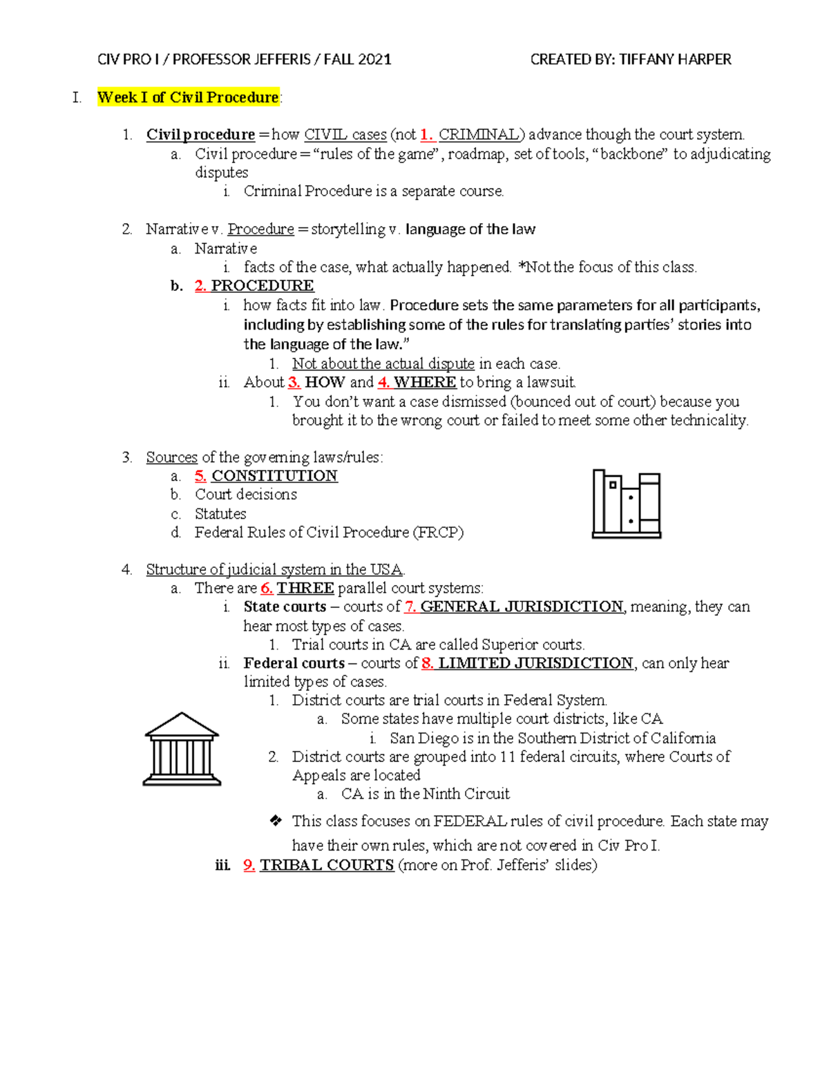CIV Tutoring Handouts - Summary Civil Procedure I - I. Week I of Civil ...