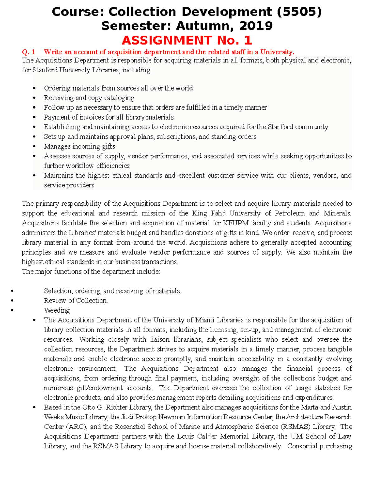 5505-1 Assignment - Course: Collection Development (5505) Semester ...