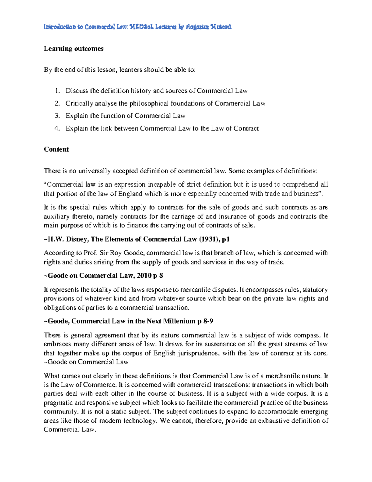 Introduction to commercial law - Learning outcomes By the end of this ...