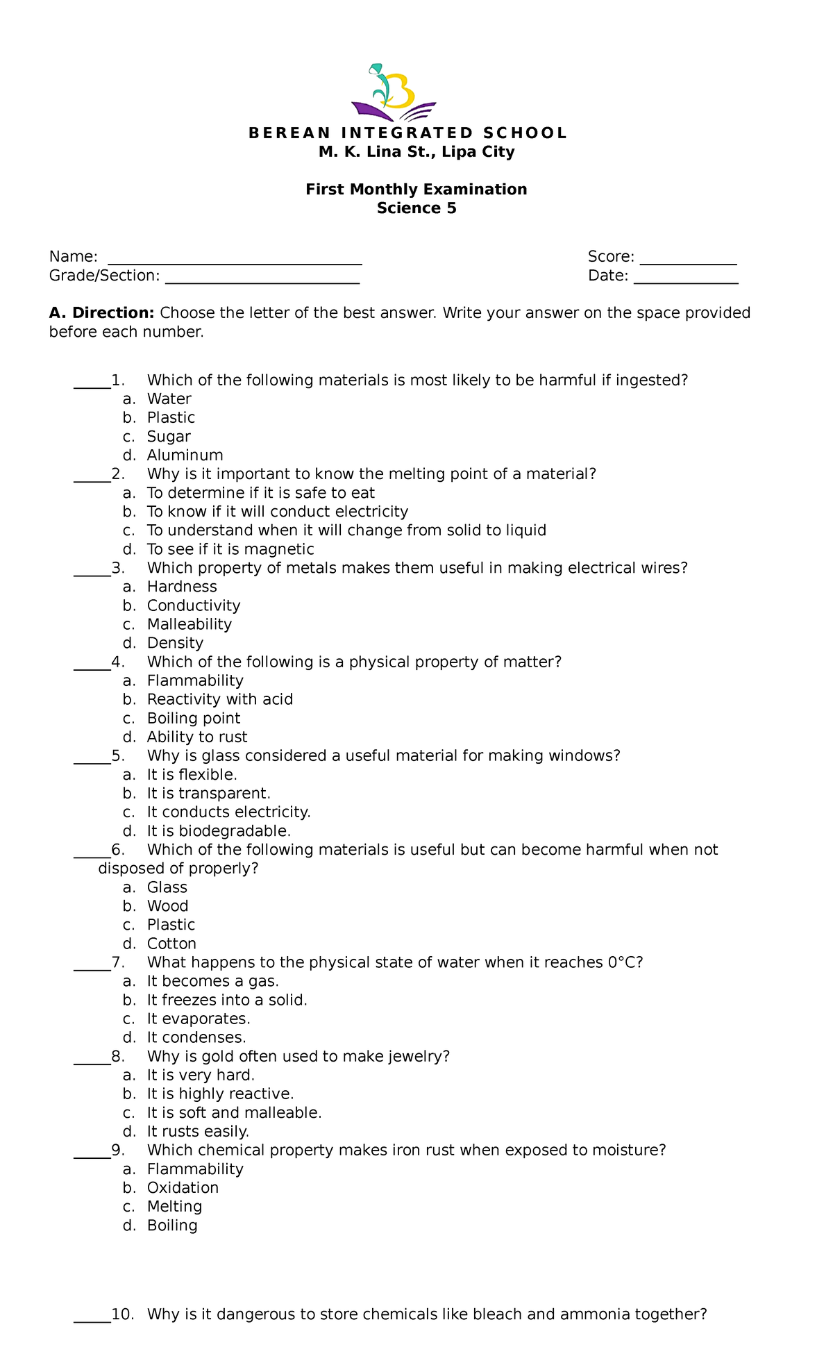 Science 5 - monthly exam - B E R E A N I N T E G R A T E D S C H O O L ...