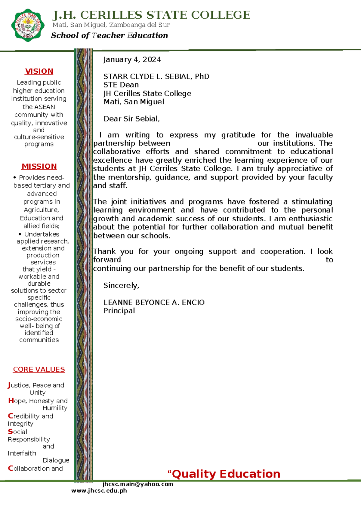 Letter to Cooperating School Principal - VISION Leading public higher ...