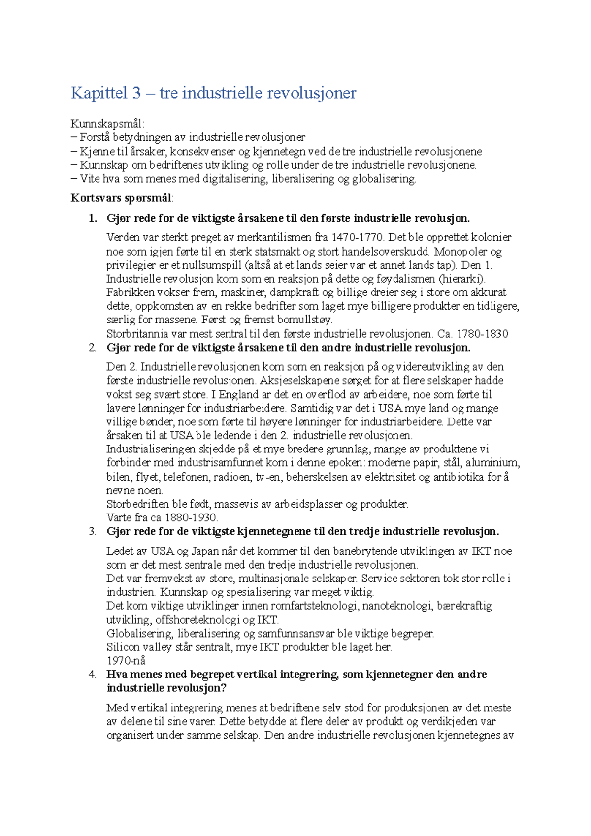 Kapittel 3 - de tre industrielle revolusjoner - Kapittel 3 – tre industrielle revolusjoner - Studocu