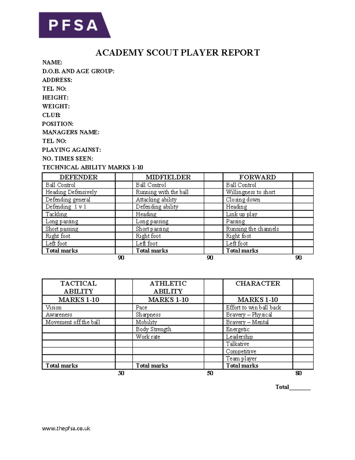 Academy Player Report - met de - thepfsa.co ACADEMY SCOUT PLAYER REPORT ...