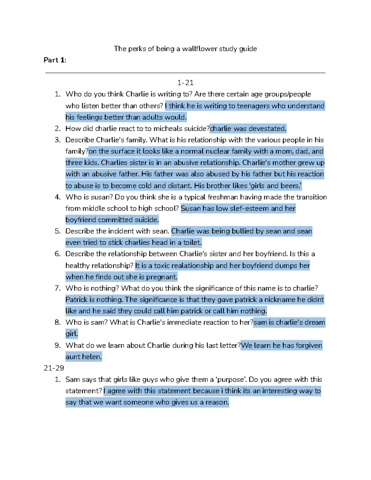 The perks of being a wallflower study guide - How did charlie react to ...