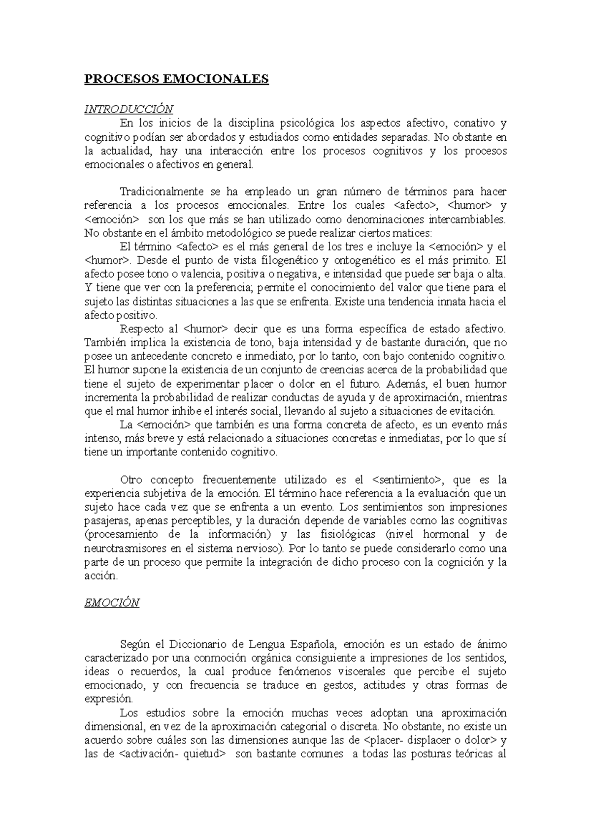 Procesos Emocionales - PROCESOS EMOCIONALES INTRODUCCIÓN En los inicios ...