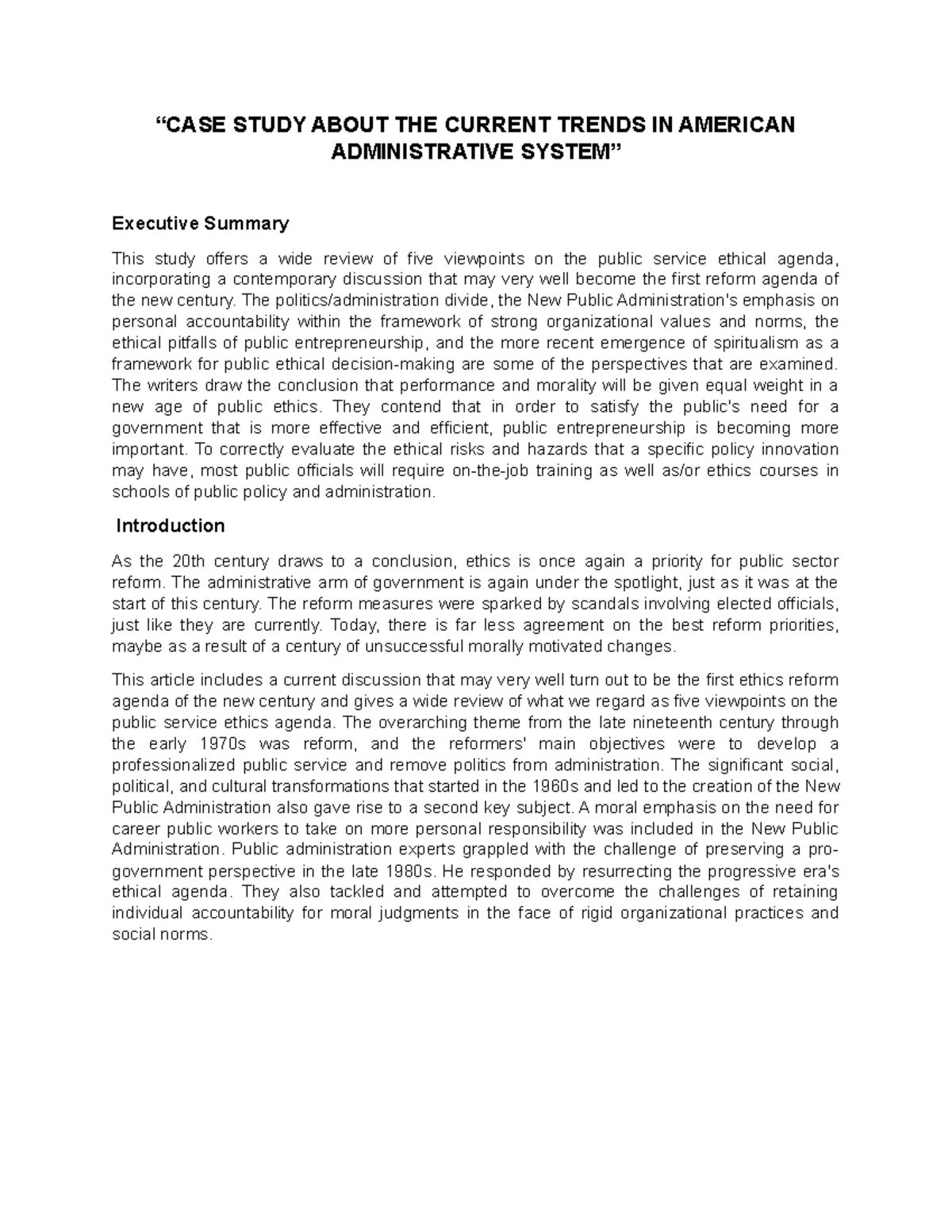 CASE Study About THE Current Trends IN American Administrative System ...