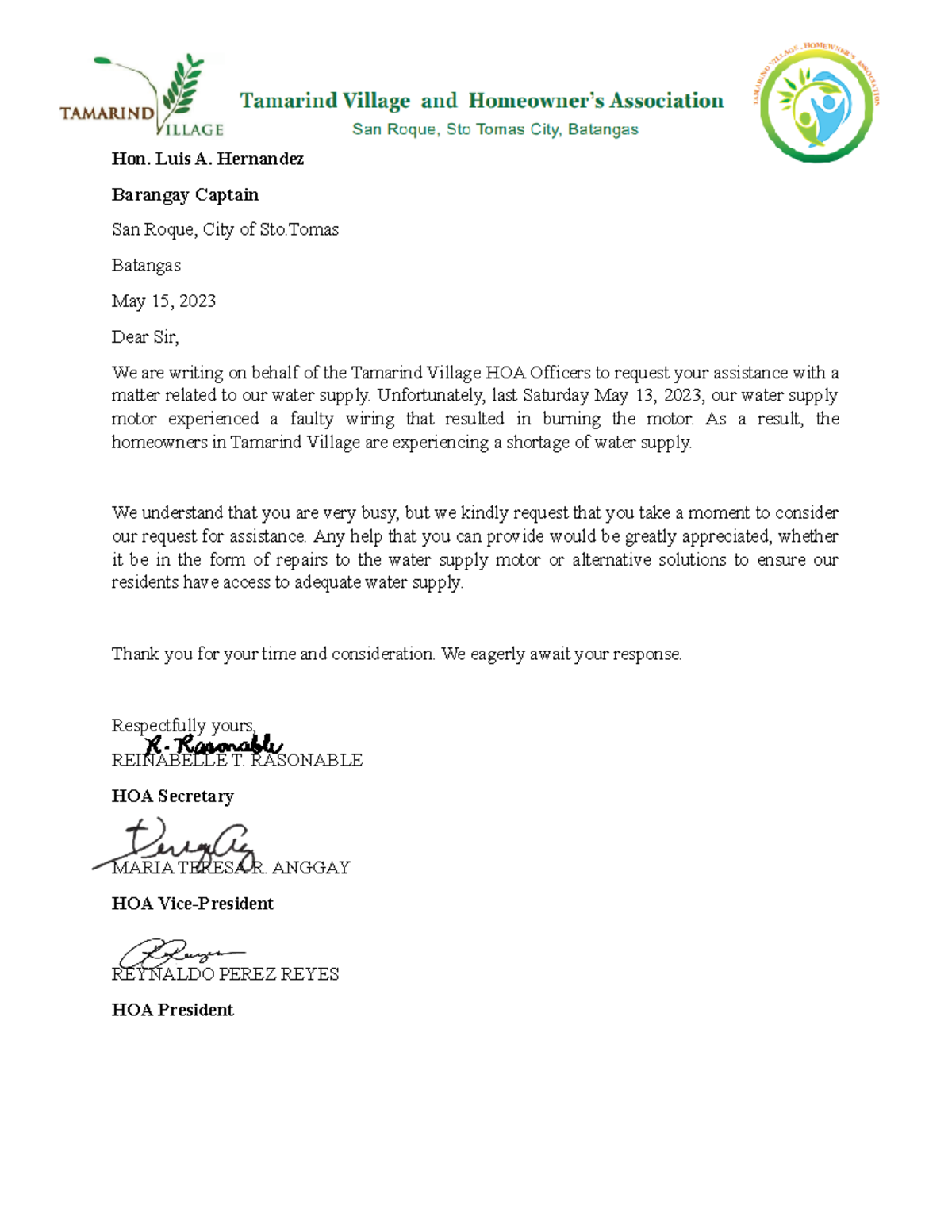 Letter-FOR Assistance-Barangay WRITING - Hon. Luis A. Hernandez ...