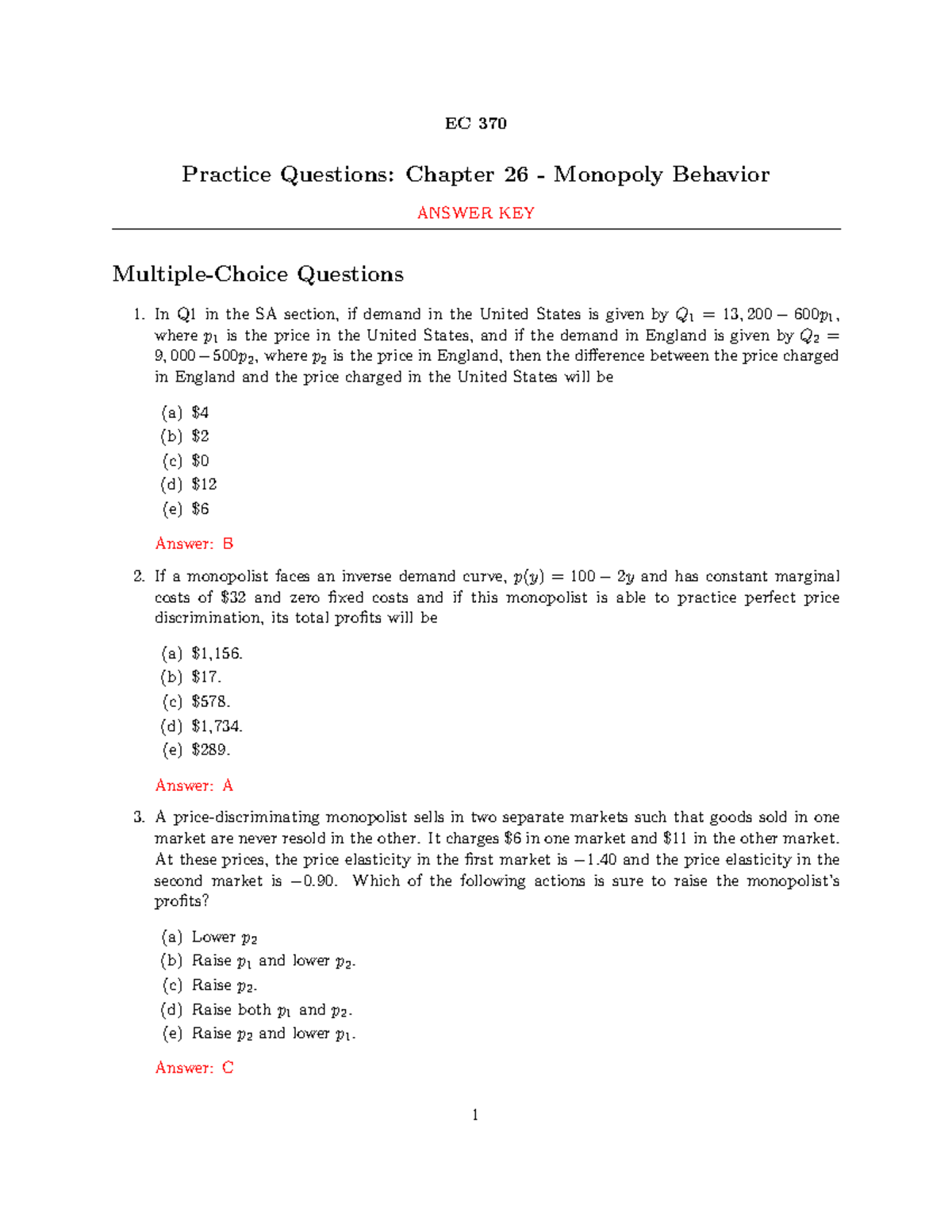 EC370 PQ Ch26 monop behavior answer - EC 370 Practice Questions: Chapter 26 - Monopoly Behavior ...