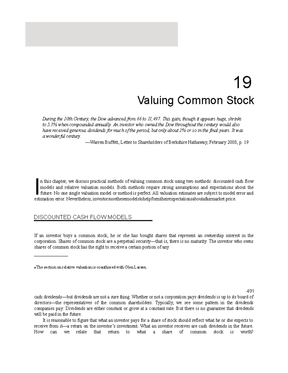 Valuing Common Stock - CHAPTER 19 Valuing Common Stock During the 20th ...