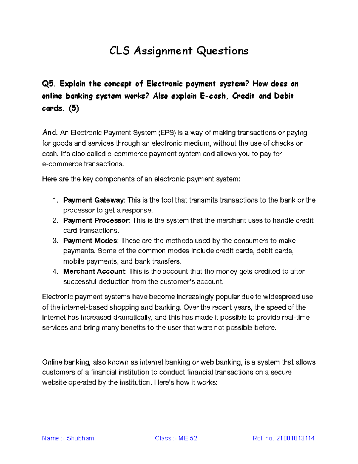 CLS Assignment - Explain the concept of Electronic payment system? How ...