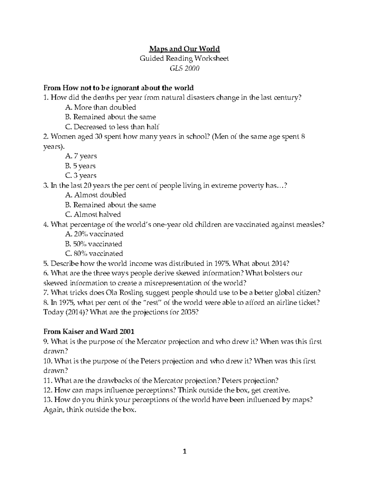 Maps and Our World - Optional Guided Reading Worksheet - 1 Maps and Our ...