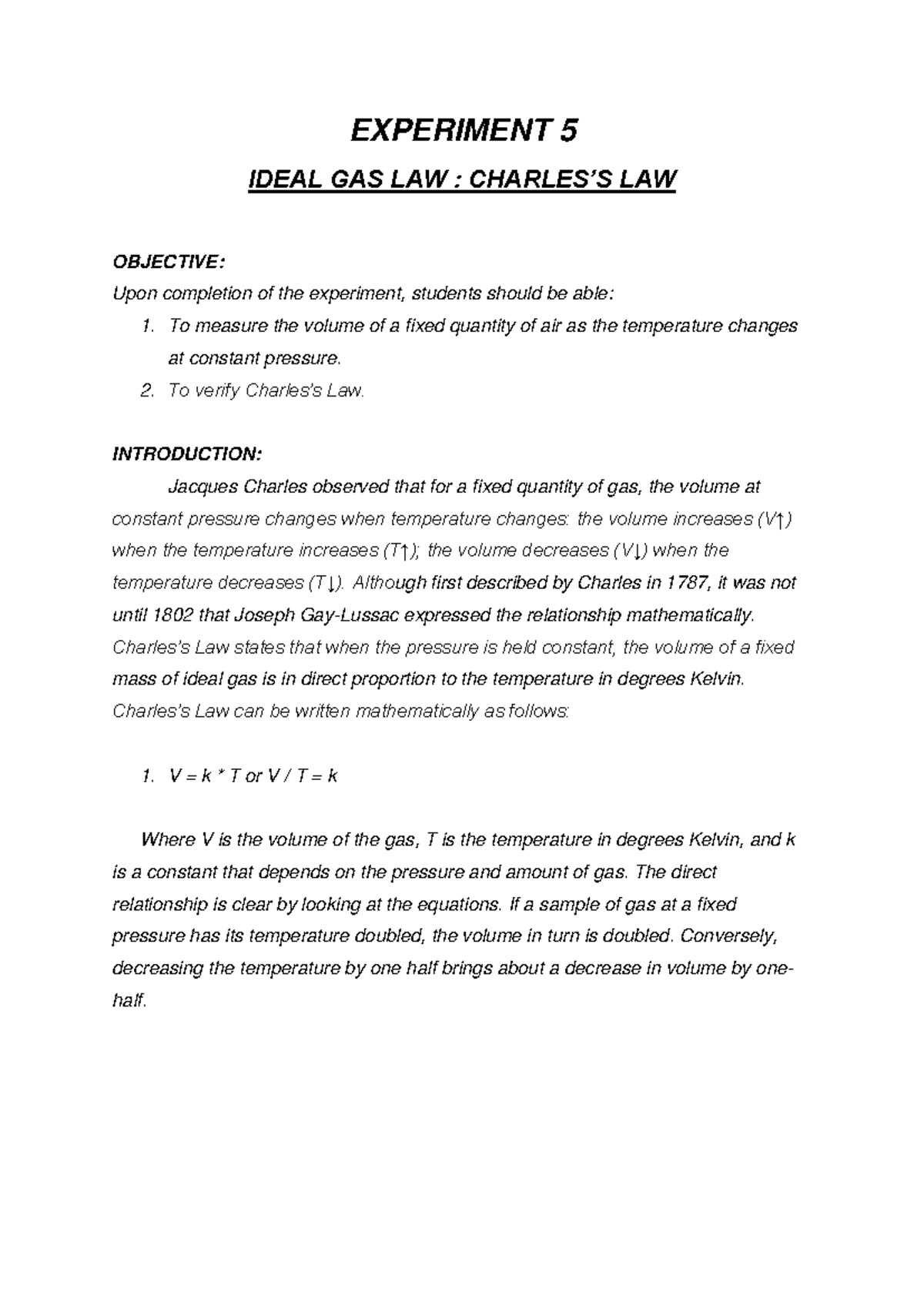 Experiment 5 Ideal GAS LAW Charless LAW - EXPERIMENT 5 IDEAL GAS LAW ...