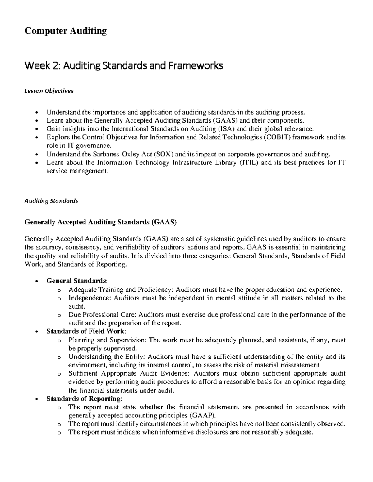 Lesson 2 - Computer Auditing Week 2: Auditing Standards and Frameworks Lesson Objectives - - Studocu