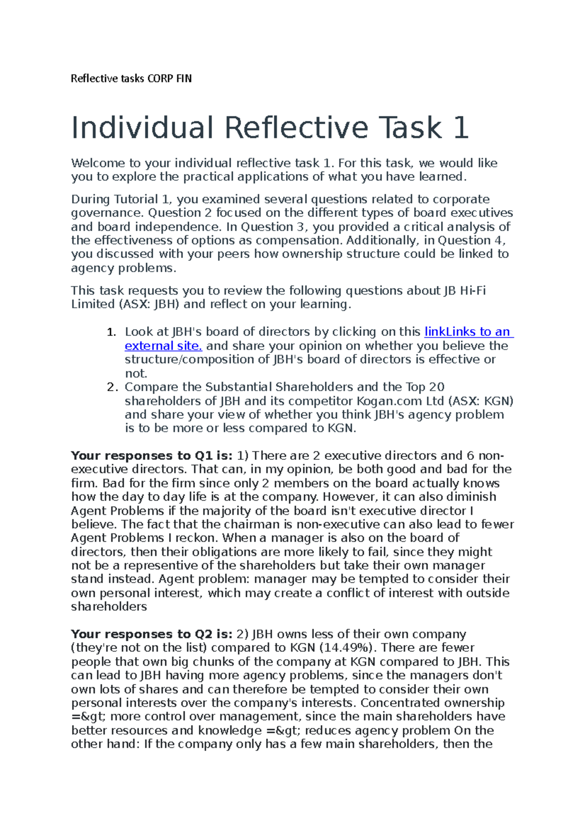 Reflective tasks CORP FIN - Reflective tasks CORP FIN Individual Reflective Task 1 Welcome to ...