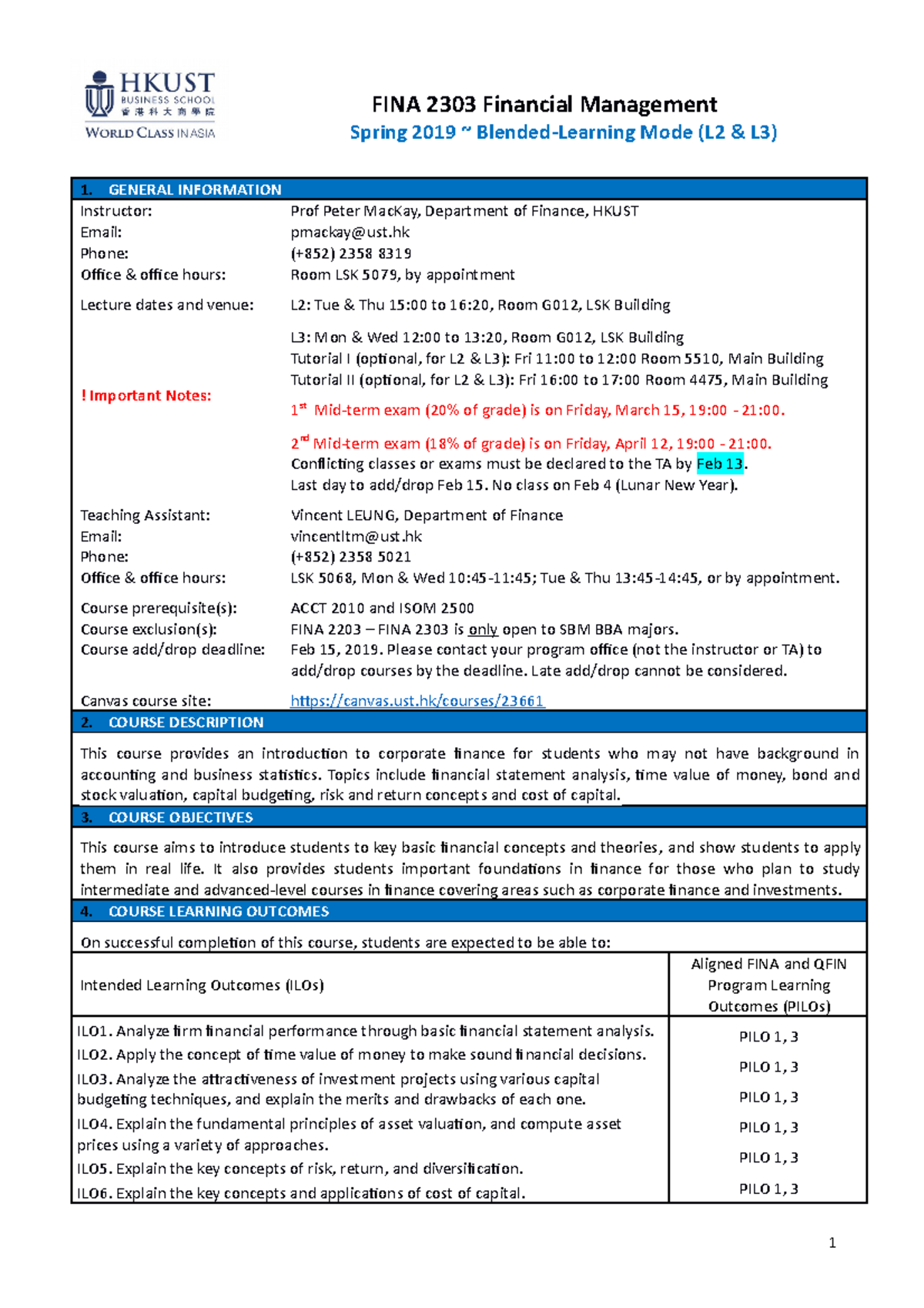 Syllabus FINA 2303 Spring 2019 - FINA 2303 Financial Management Spring ...