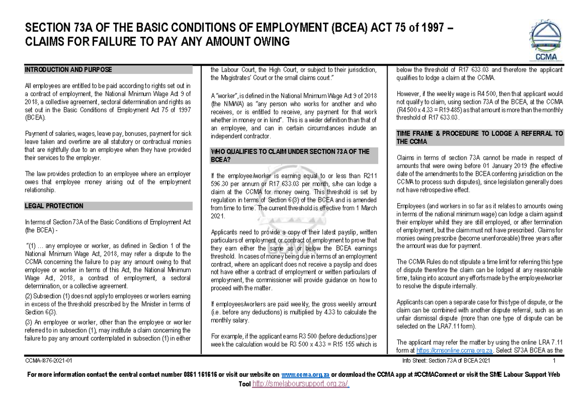 BCEA Section 73A Claims Info Sheet 2021 01 - SECTION 73A OF THE BASIC ...
