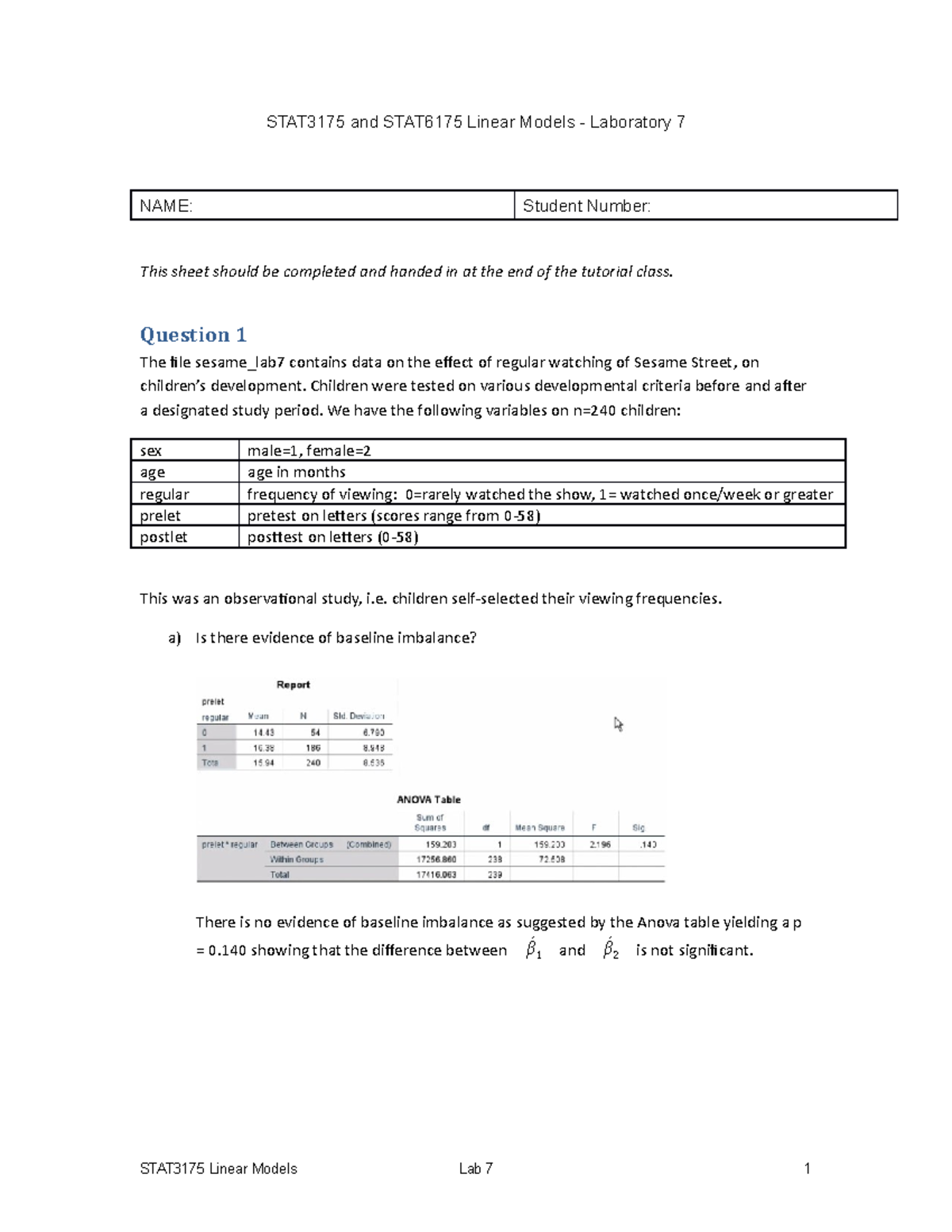 Lab7 sgta solution - STAT3175 and STAT6175 Linear Models - Laboratory 7 ...