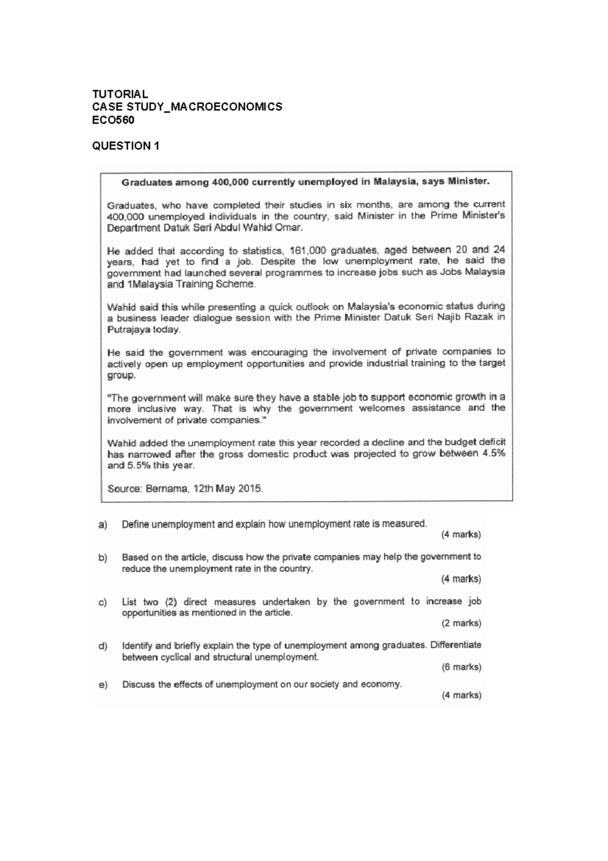 Tutorial CASE Study Macroeconomics Answe Scheme - TUTORIAL CASE STUDY ...