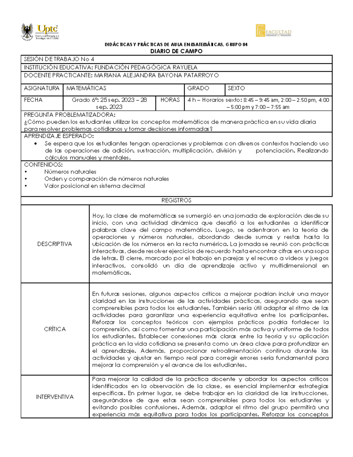 Formato Diario Campo Semana UNO - DIDÁCTICAS Y PRÁCTICAS DE AULA EN ...