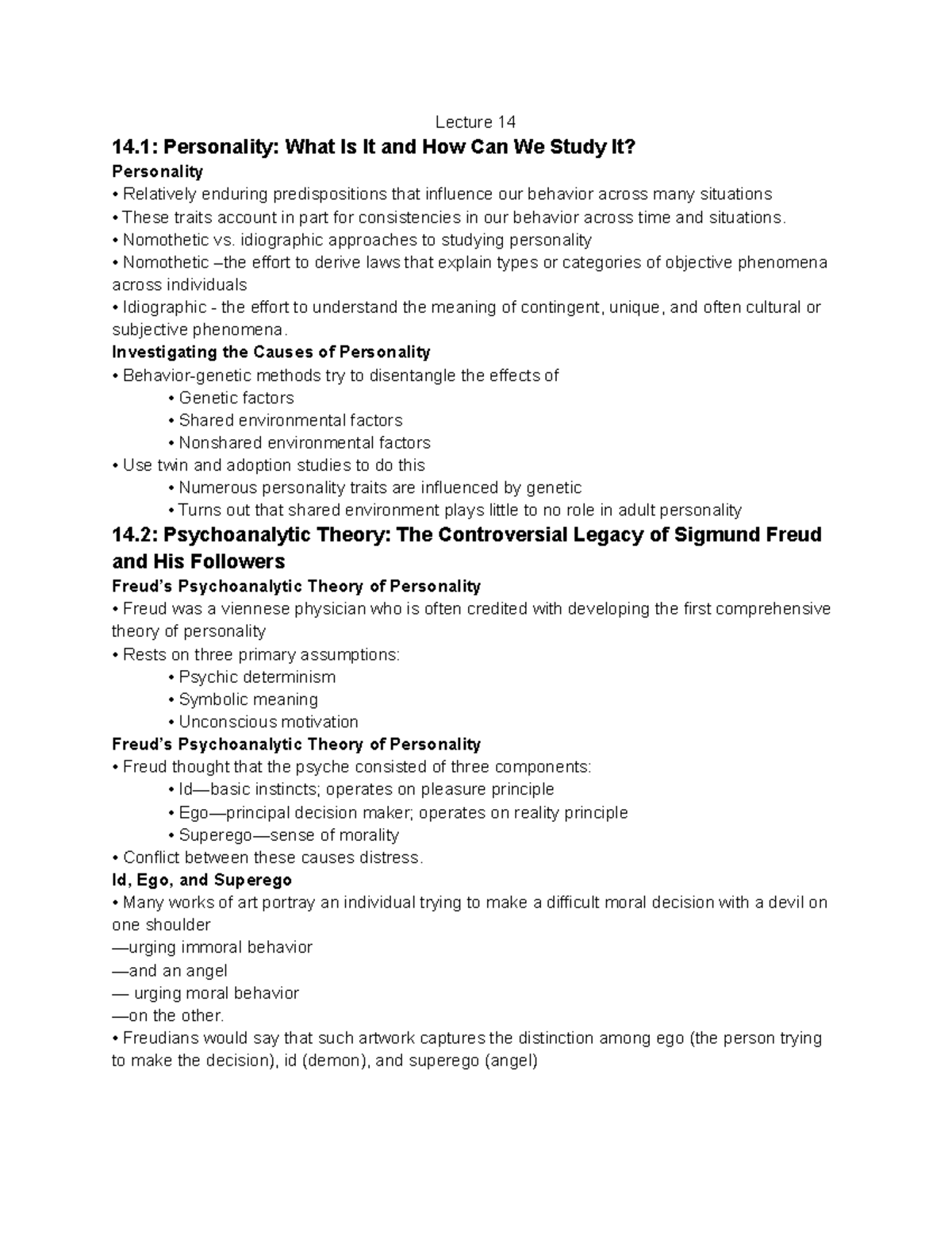 Lecture 14 - Notes - Lecture 14 14: Personality: What Is It and How Can ...