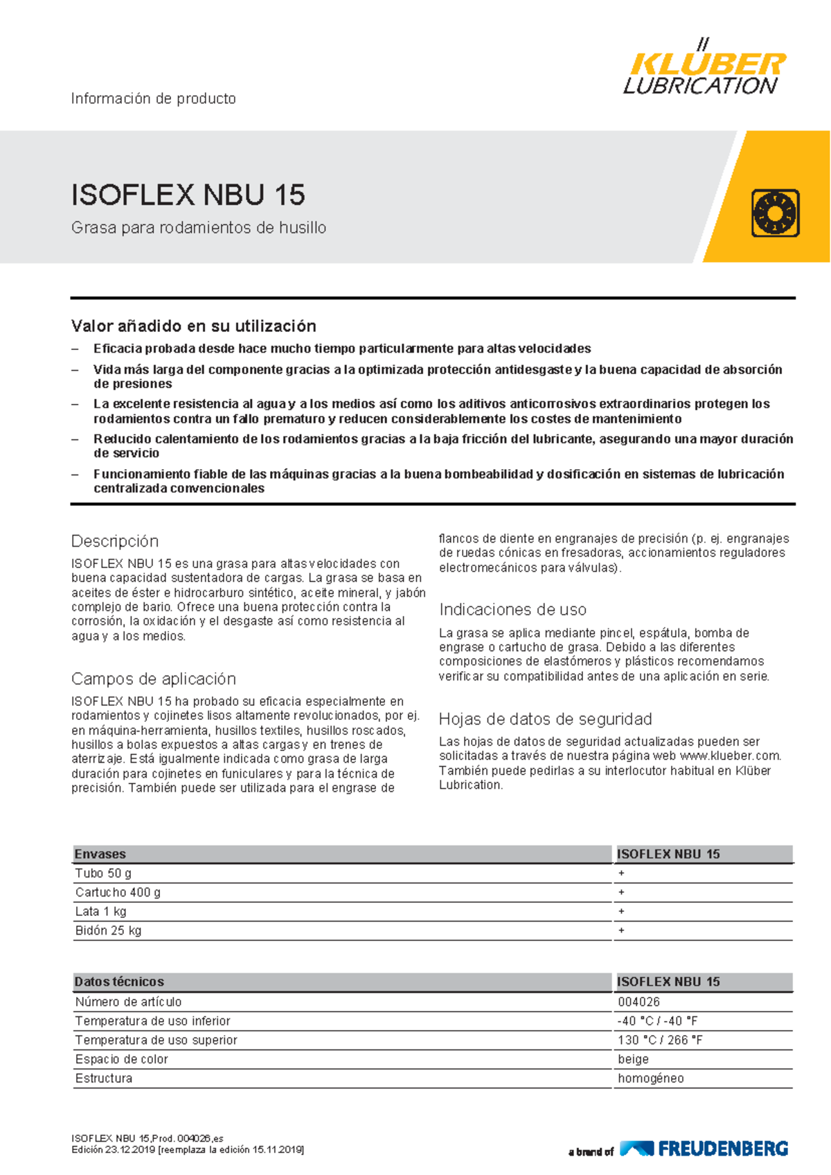 No. 5 Grasa Kluber Isoflex NBU 15 Ficha tecnica - Información de ...