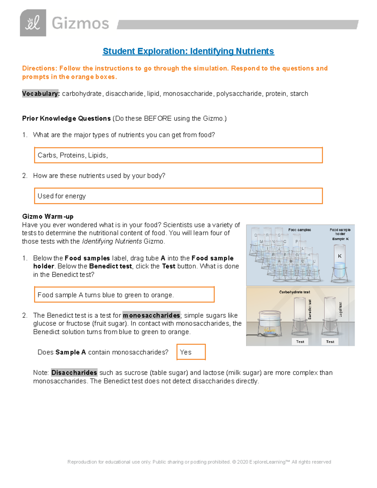 Gizmos- Identifying Nutrients SE - Student Exploration: Identifying ...