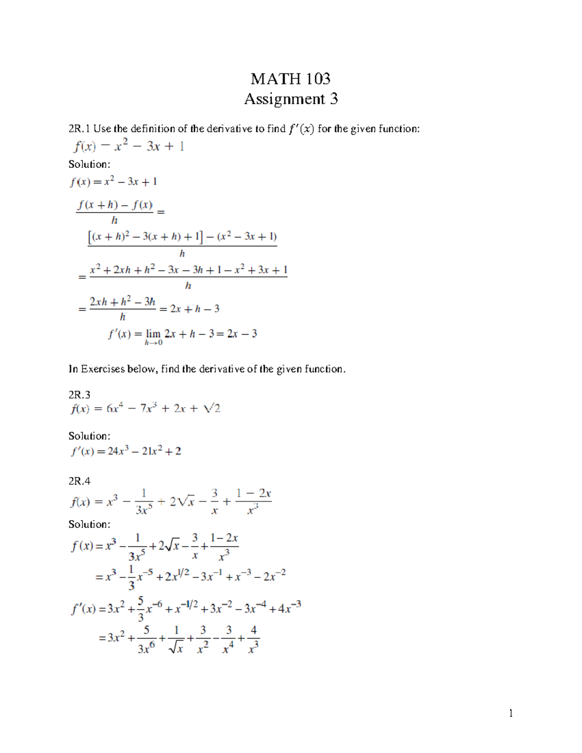 Exam 12 June, questions and answers - MATH 103 Assignment 3 2R Use the ...