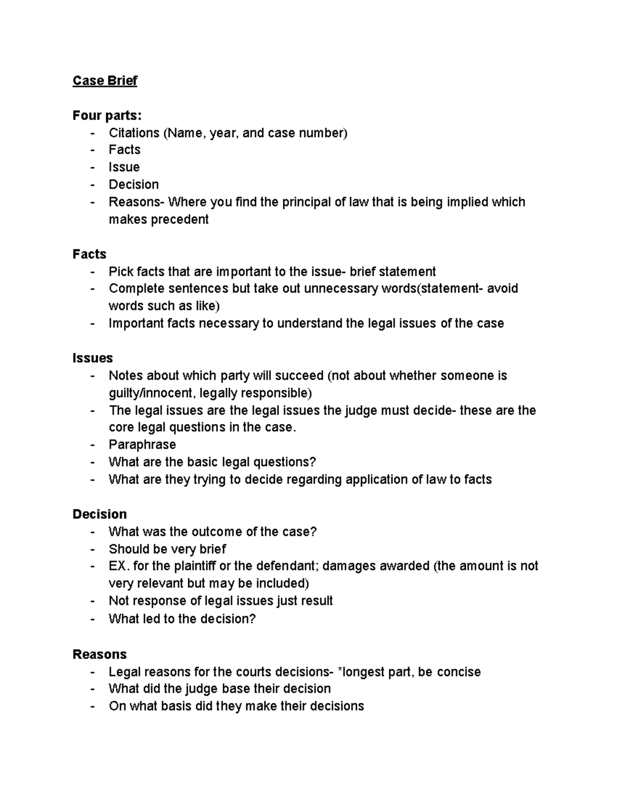 Instructions Case Brief - Case Brief Four parts: - Citations (Name ...
