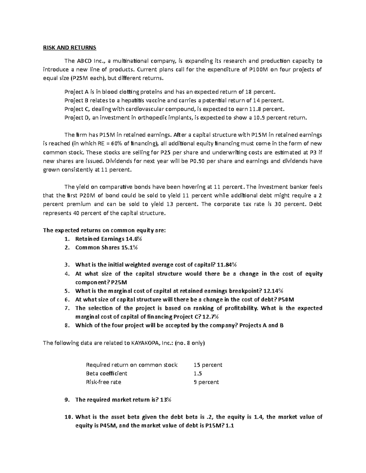 Risks AND Returns TO COST OF Capital - RISK AND RETURNS The ABCD Inc ...