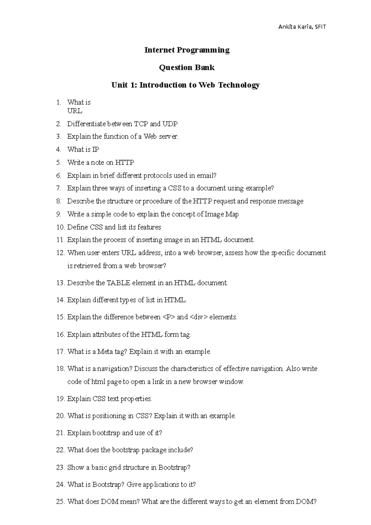 Final IP Question Bank - Ankita Karia, SFIT What is URL Internet Programming Question Bank Unit ...