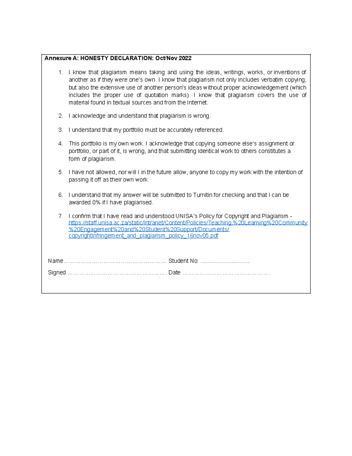 Honesty Declaration Oct-Nov 2022 - Annexure A: HONESTY DECLARATION: Oct ...