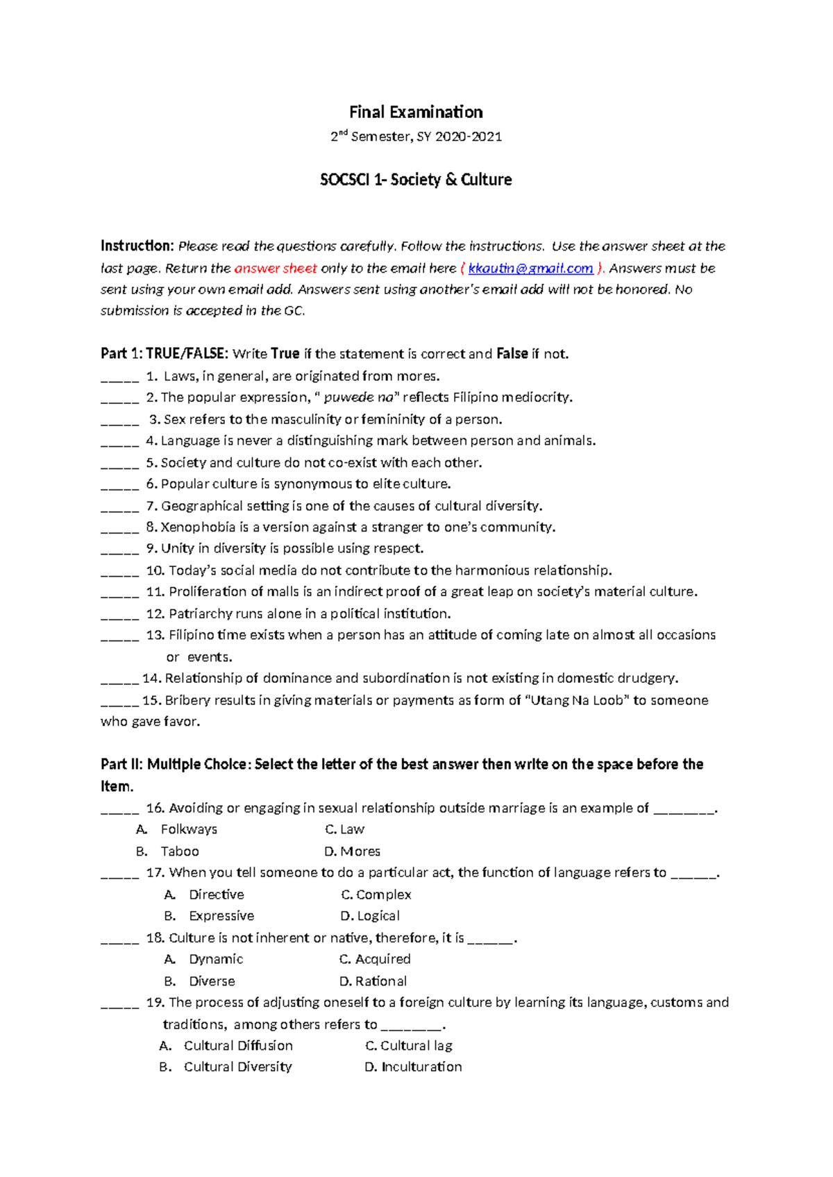 Soc Sci 1 Final Exam - exam answer - Final Examination 2 nd Semester, SY 2020- SOCSCI 1- Society ...