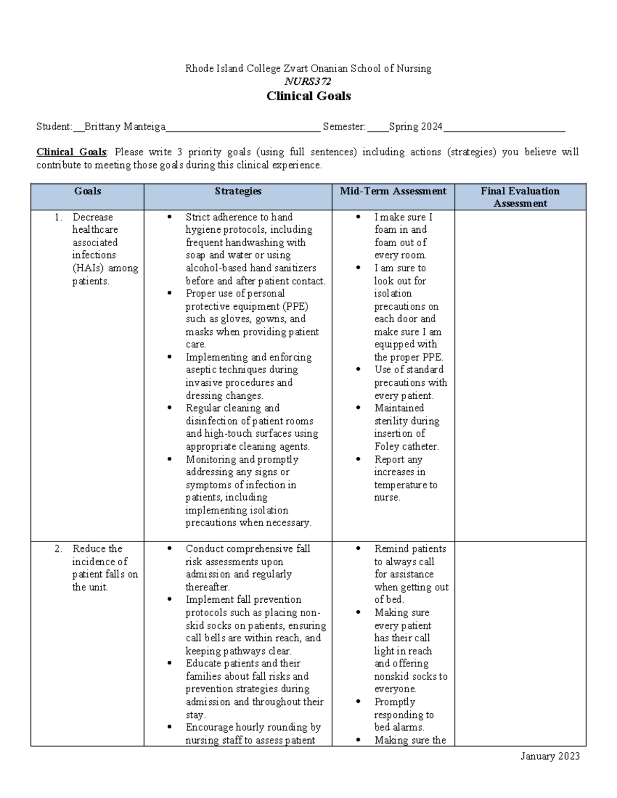 Clinical Goals Sheet - Rhode Island College Zvart Onanian School of ...