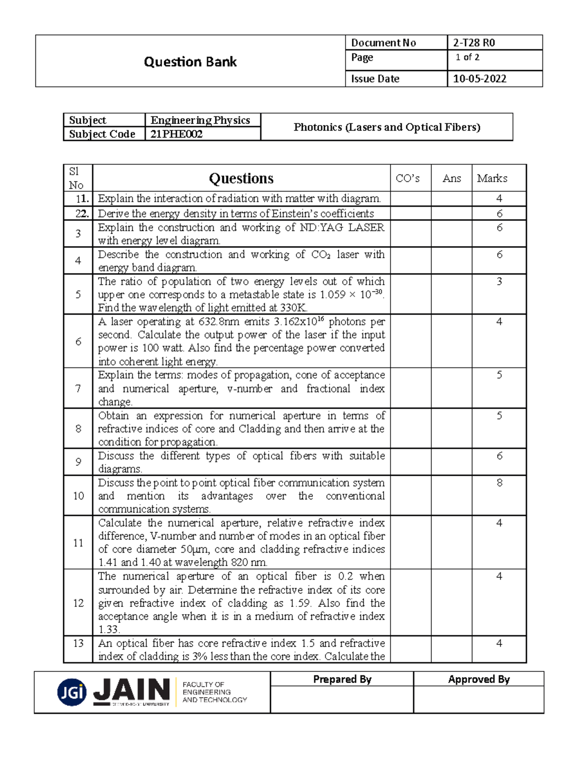 21PHE002 Module 3 QB - Question Bank Document No 2-T28 R Page 1 of 2 Issue Date 10-05- Subject ...